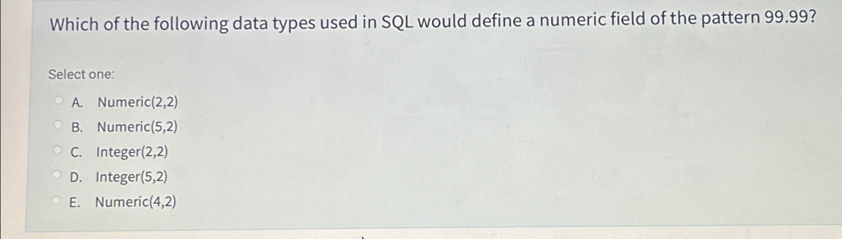 Solved Which of the following data types used in SQL would | Chegg.com