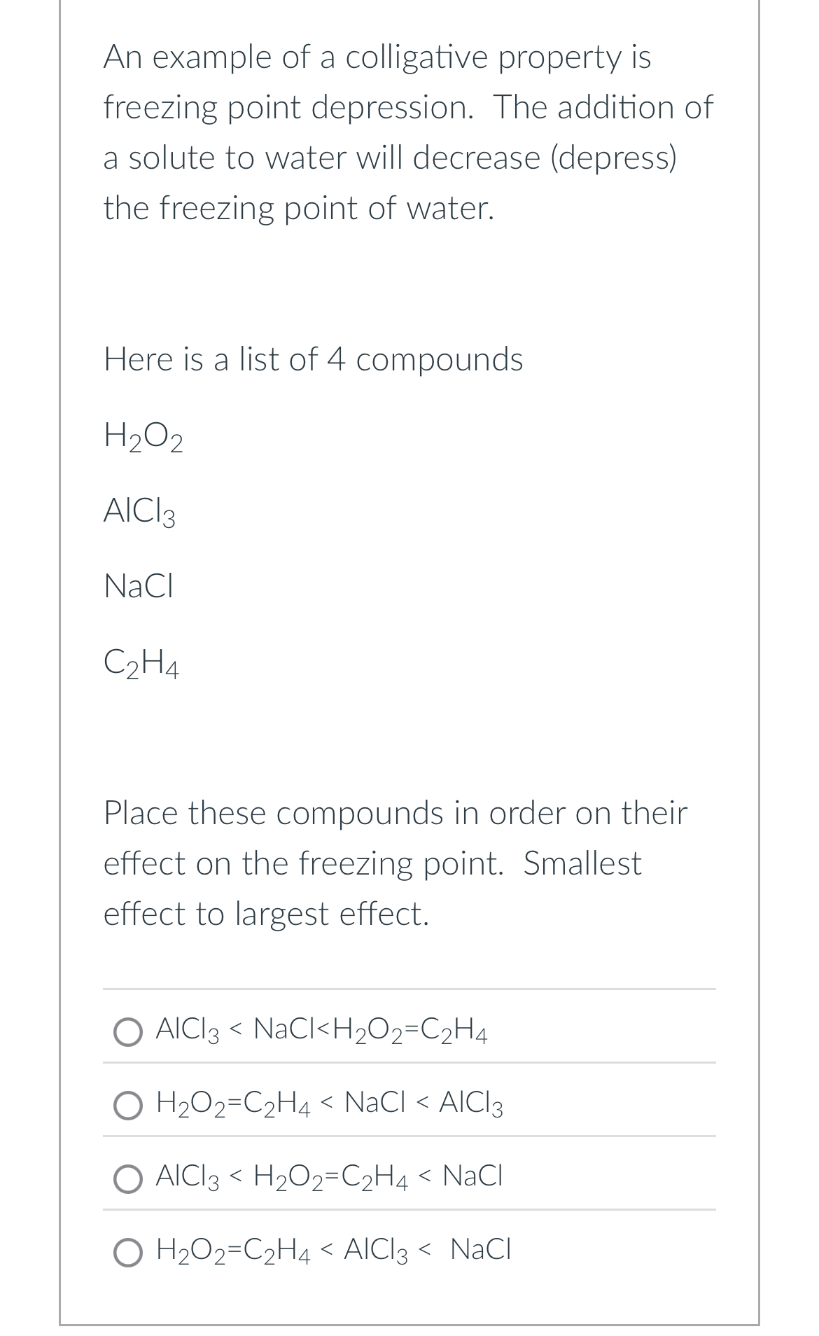 Solved An example of a colligative property is freezing | Chegg.com