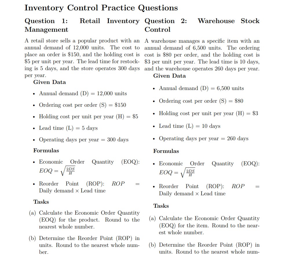 Solved : ﻿Inventory Control Practice QuestionsQuestion 1: | Chegg.com