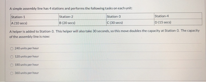 Solved A simple assembly line has 4 stations and performs | Chegg.com