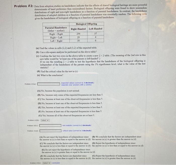Solved blem \#2: Data from adoption studies on handedness | Chegg.com