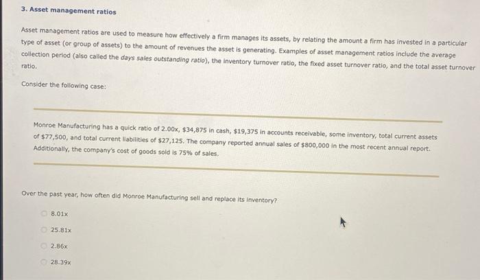 Solved 3. Asset management ratios Asset management ratios | Chegg.com