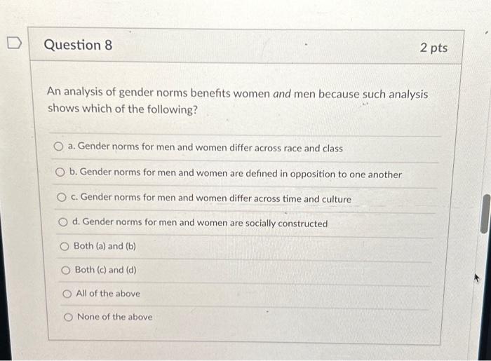 Solved Question 8 An analysis of gender norms benefits women | Chegg.com