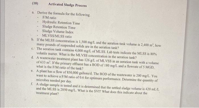 Solved Activated Sludge Process a. Derive the formula for | Chegg.com