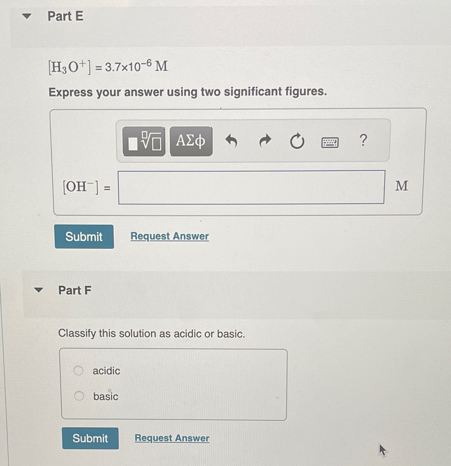 Solved Part E[H3O+]=3.7×10-6MExpress your answer using two | Chegg.com