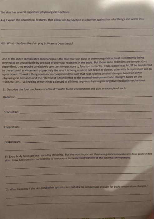 Solved The skin has several important physiological | Chegg.com