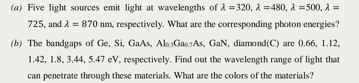 Solved (a) Five light sources emit light at wavelengths of | Chegg.com
