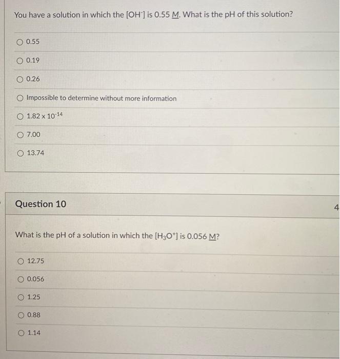 Solved You have a solution in which the [OH−]is 0.55M. What | Chegg.com