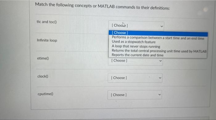 Solved Match the following concepts or MATLAB commands to | Chegg.com