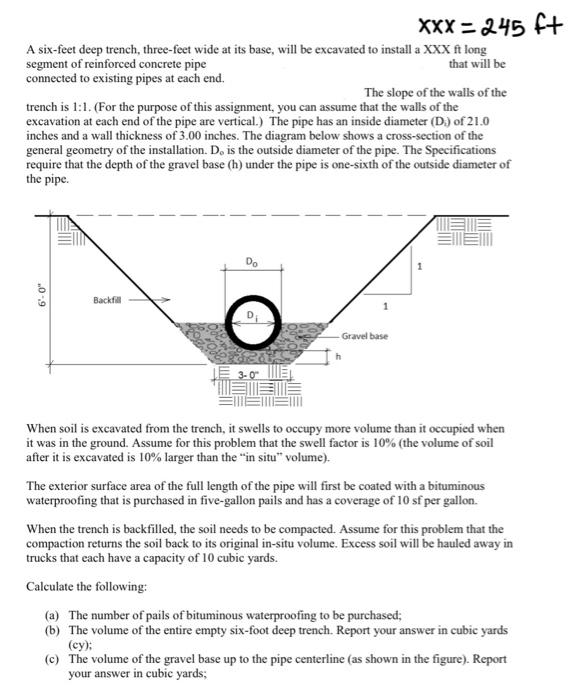 Solved x×x=245ft A six-feet deep trench, three-feet wide at | Chegg.com