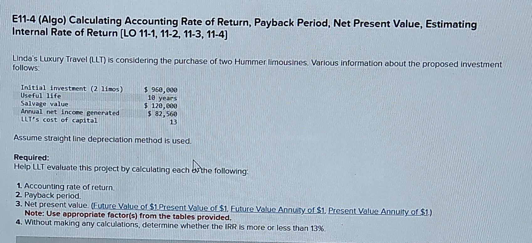 Solved E11-4 (Algo) Calculating Accounting Rate of Return, | Chegg.com