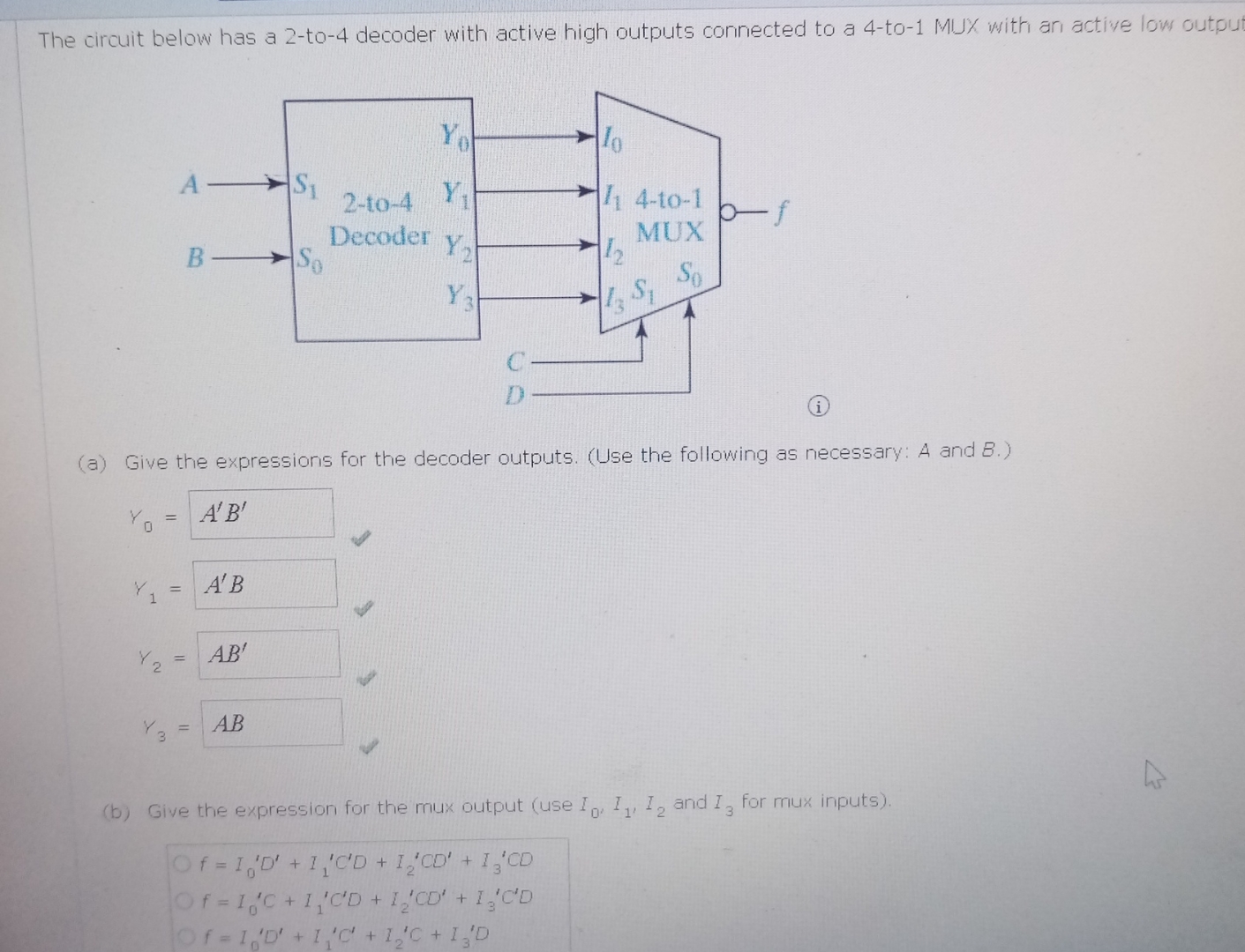 Solved The circuit below has a 2-to-4 ﻿decoder with active | Chegg.com