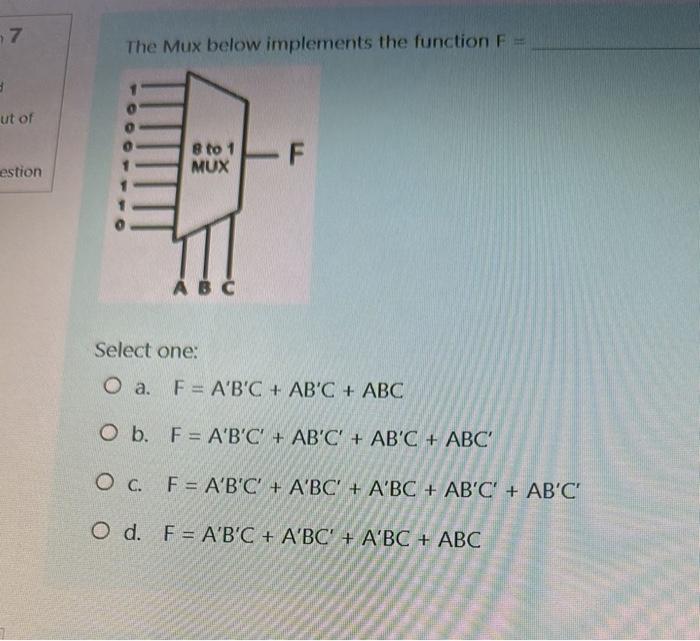 The Mux below implements the function F= Select one: | Chegg.com