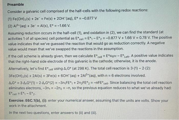 Solved Preamble Consider a galvanic cell comprised of the | Chegg.com
