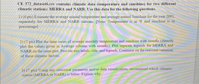 Solved CE 372_dataset6.csv contains climatic data | Chegg.com