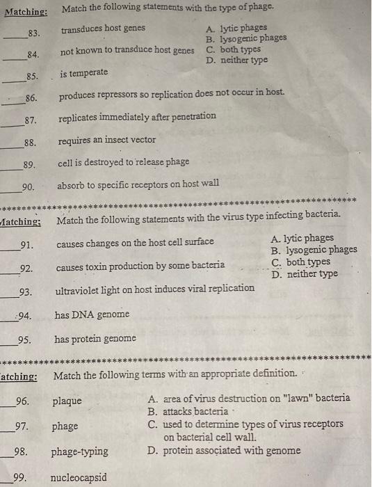 Solved Matching: Match the following statements with the | Chegg.com