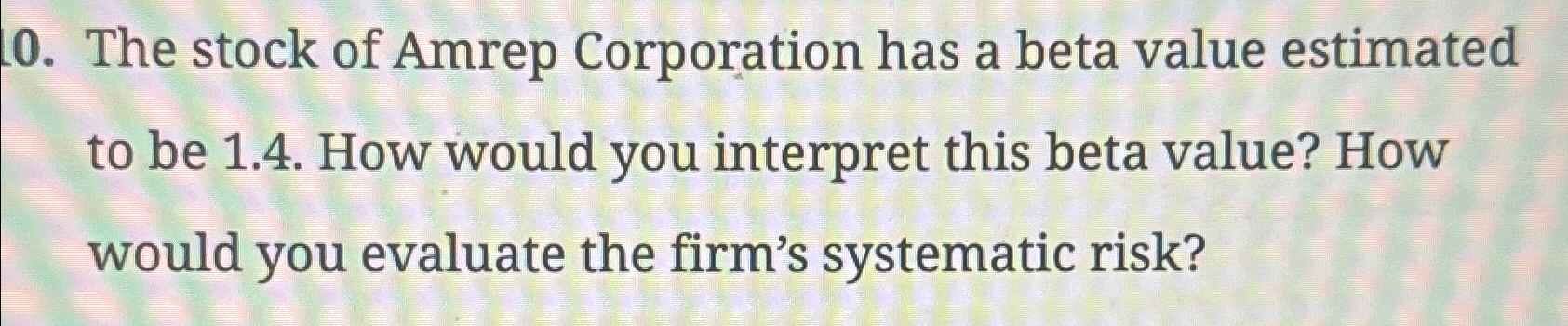 Solved The stock of Amrep Corporation has a beta value | Chegg.com