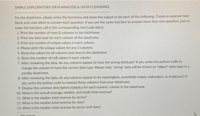 Solved For the dataframe, please enter the functions and | Chegg.com
