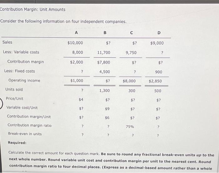 Solved Contribution Margin: Unit Amounts Consider the | Chegg.com