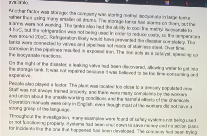 Solved 18. Case study: The Bhopal disaster On the night of | Chegg.com