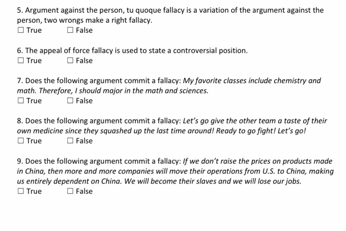 5. Argument against the person, tu quoque fallacy is | Chegg.com