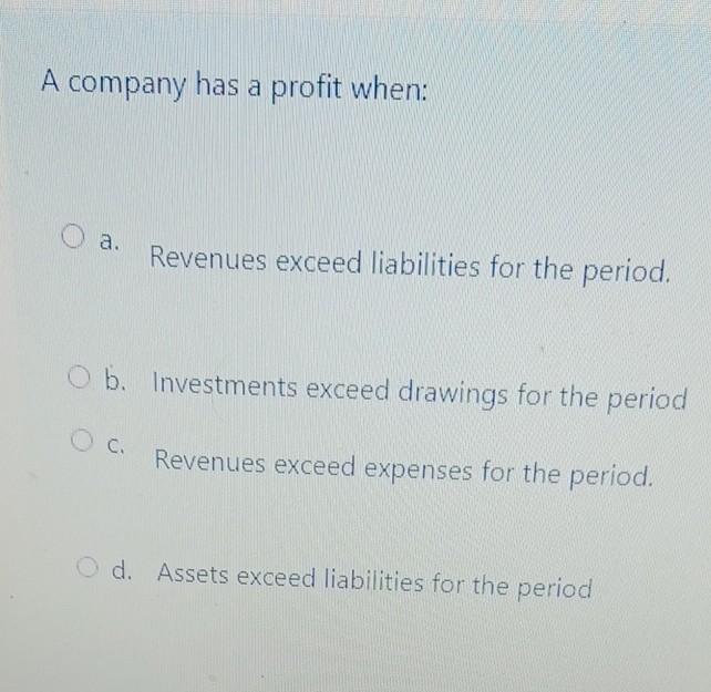 Solved A company has a profit when: O a. Revenues exceed | Chegg.com