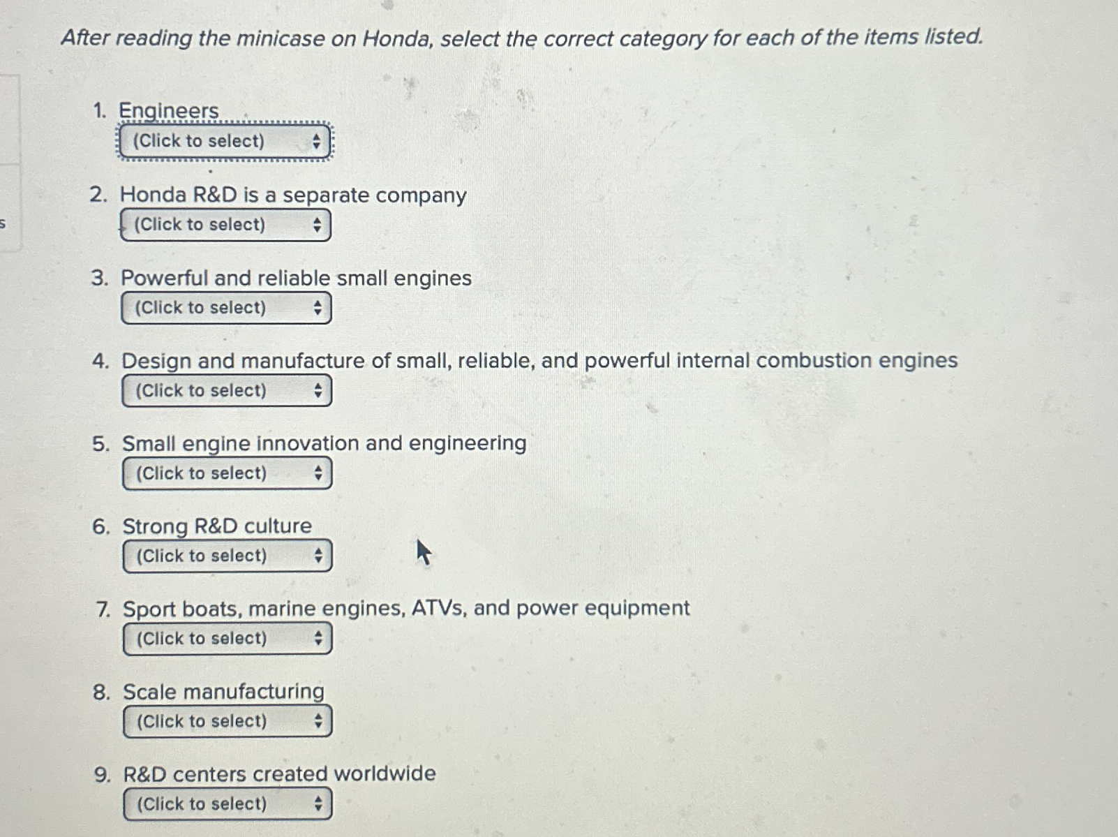 Solved After reading the minicase on Honda, select the | Chegg.com