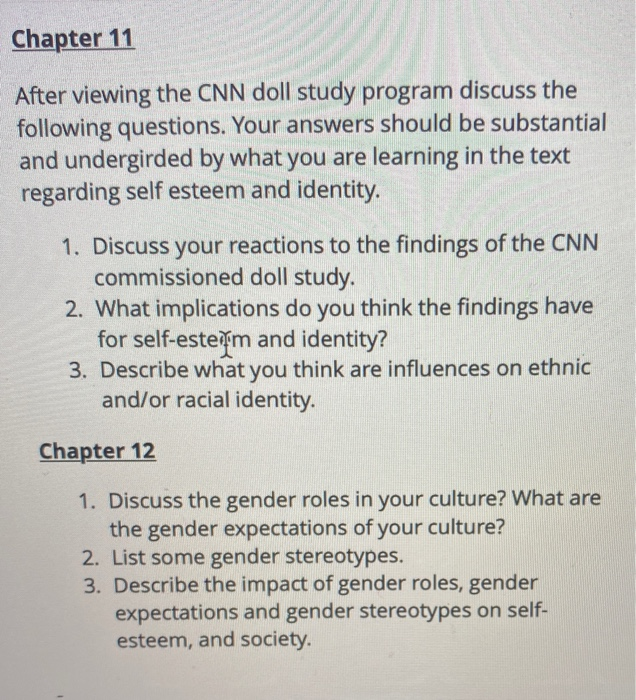 Solved Chapter 11 After viewing the CNN doll study program | Chegg.com