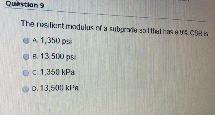 Solved Question 9 The resilient modulus of a subgrade soil | Chegg.com