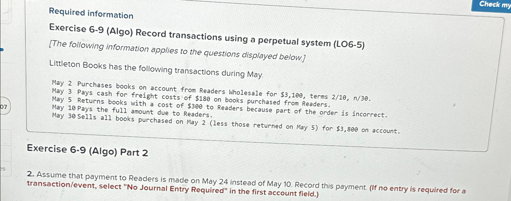 Solved Required informationCheck myExercise 6-9 (Algo) | Chegg.com