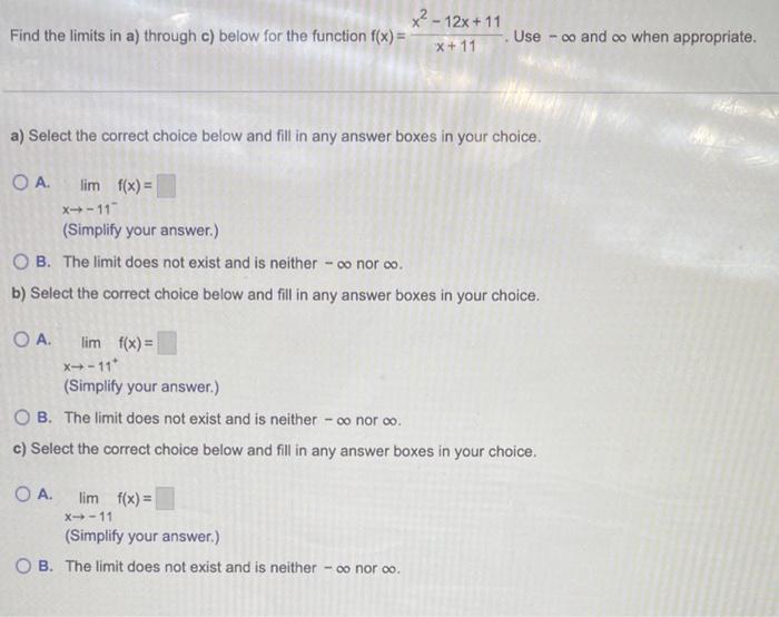 Solved Find the limits in a) through c) below for the | Chegg.com