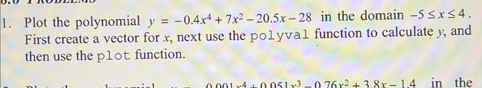 Solved Plot the polynomial y=-0.4x4+7x2-20.5x-28 ﻿in the | Chegg.com