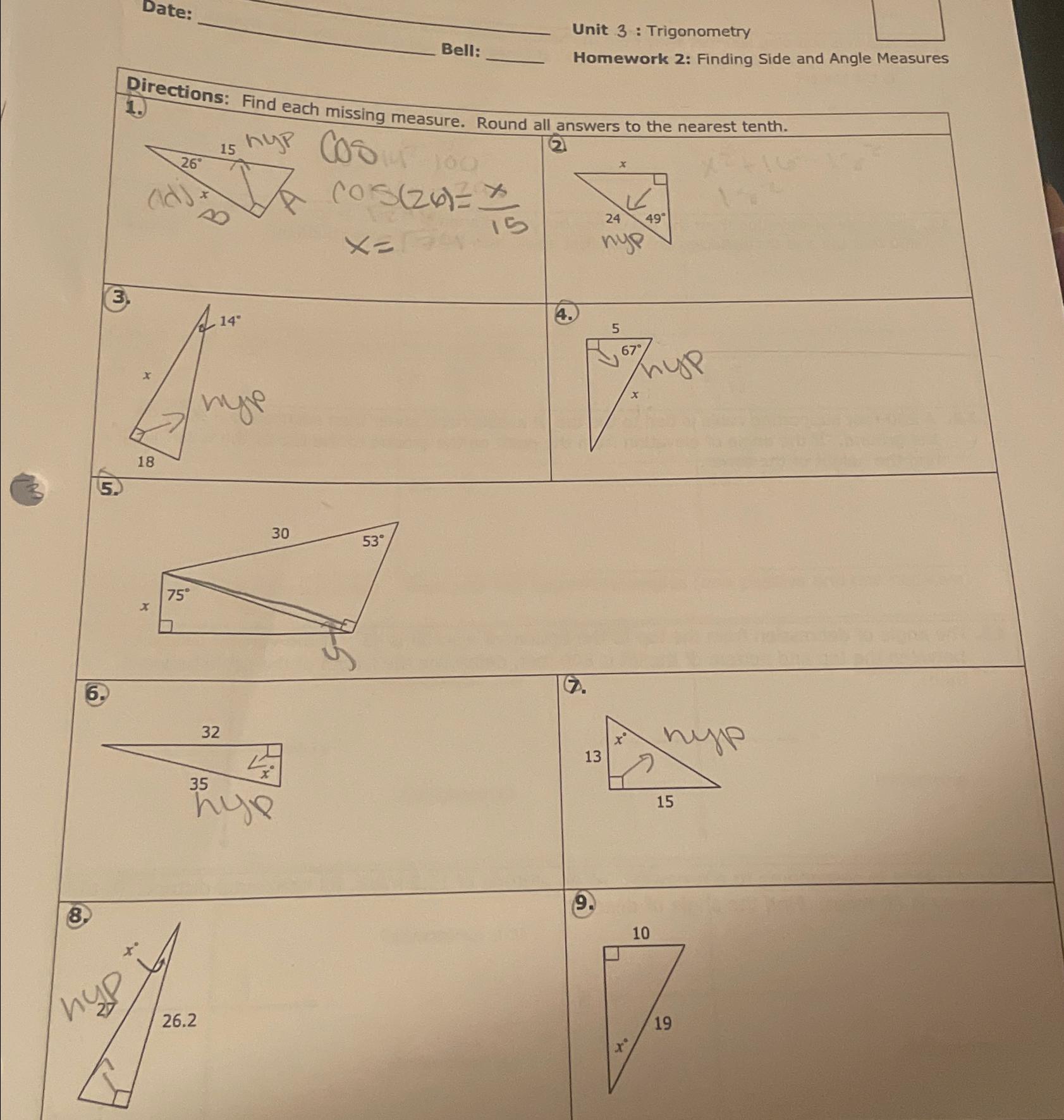 Solved Bell:Unit 3 ﻿: TrigonometryHomework 2: Finding Side | Chegg.com