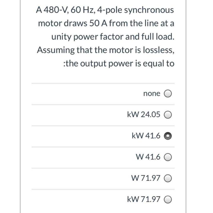 Solved A 480-V,60Hz,4-pole synchronous motor draws 50A from | Chegg.com