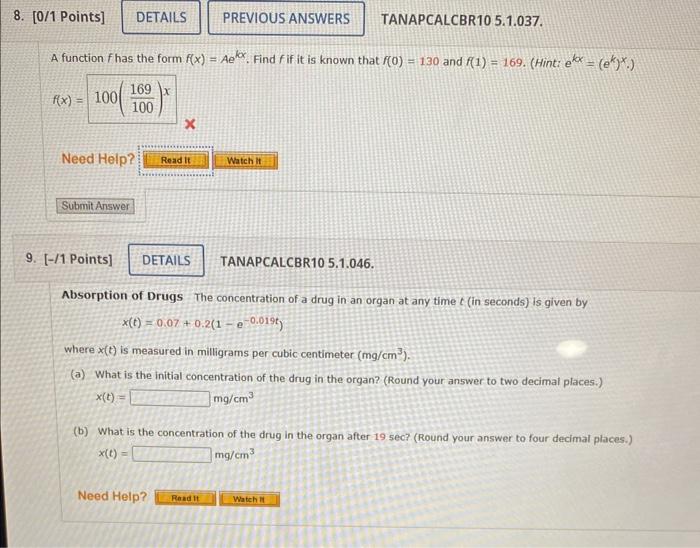 Solved A function f has the form f(x)=Aekx. Find f if it is | Chegg.com
