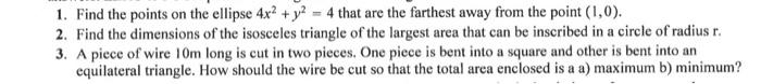 Solved 1. Find the points on the ellipse 4x2 + y2 = 4 that | Chegg.com