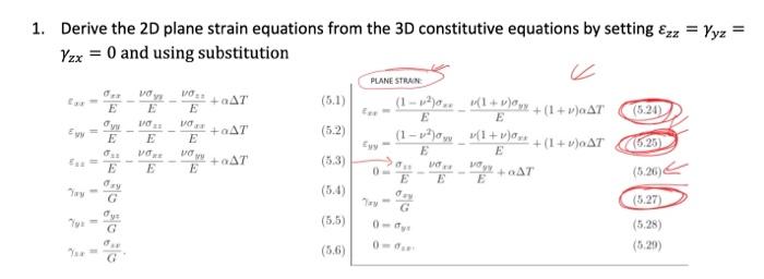 Solved = 1. Derive the 2D plane strain equations from the 3D | Chegg.com