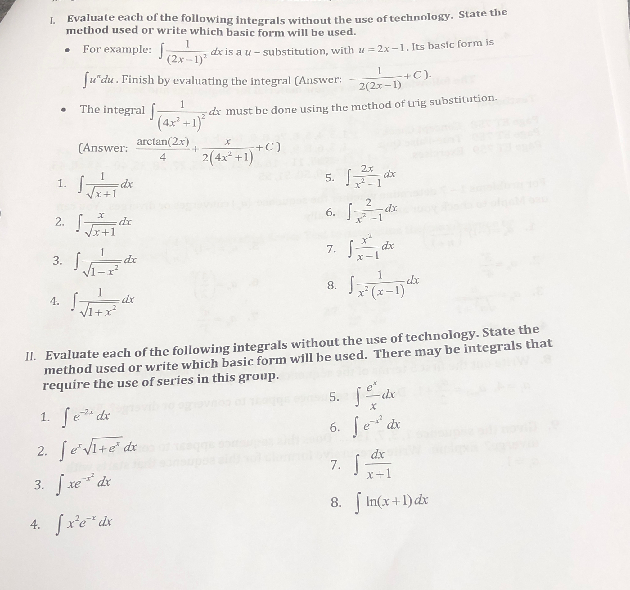Solved I. Evaluate each of the following integrals without | Chegg.com
