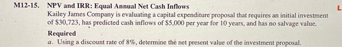Solved 12-15. NPV and IRR: Equal Annual Net Cash Inflows | Chegg.com