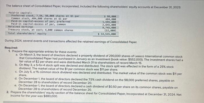 Solved The balance sheet of Consolidated Paper, | Chegg.com
