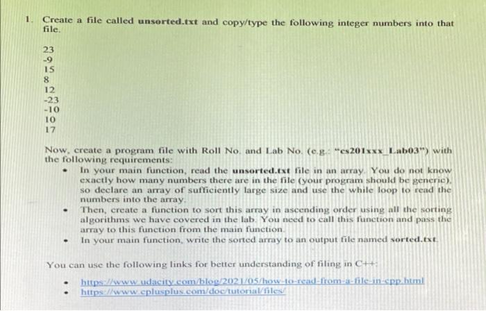 Solved 1 Create a file called unsorted.txt and copy/type the | Chegg.com