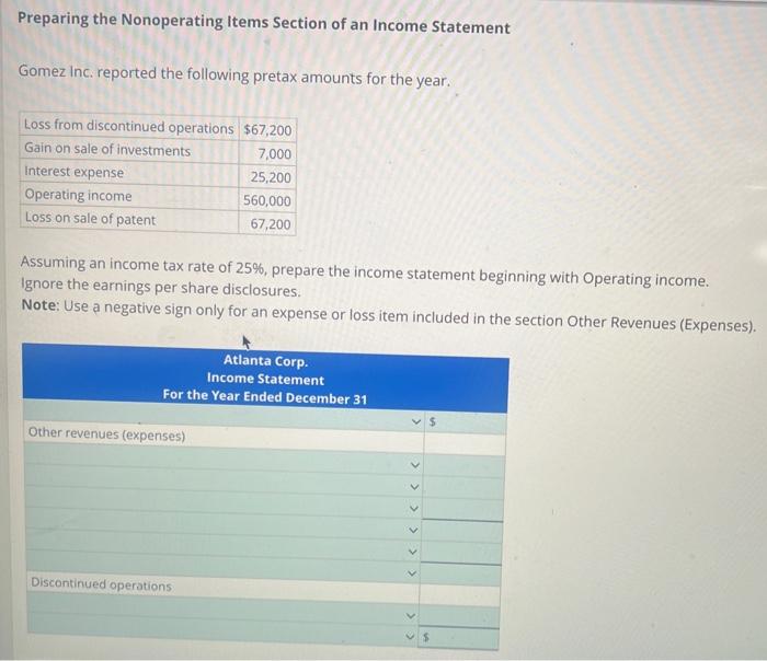 Solved Preparing the Nonoperating Items Section of an Income | Chegg.com