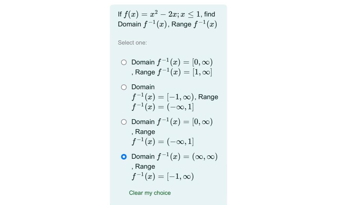 Solved If f(x)=x2-2x;x≤1, ﻿find Domain f-1(x), ﻿Range | Chegg.com