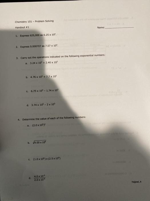 Solved Chemistry 101 - Problem Solving Handout 1 Name: 1. | Chegg.com