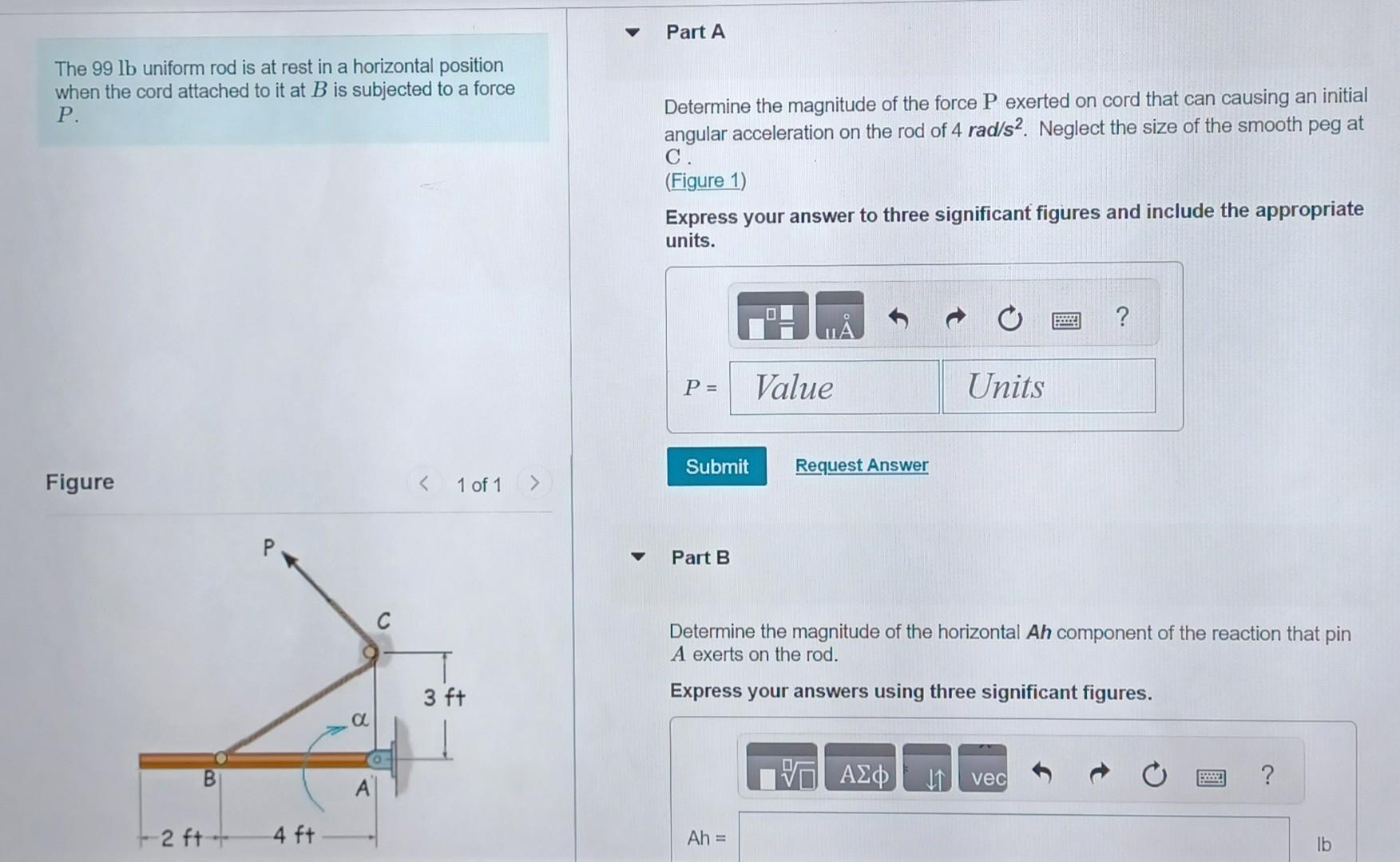 Solved The 99lb ﻿uniform rod is at rest in a horizontal | Chegg.com