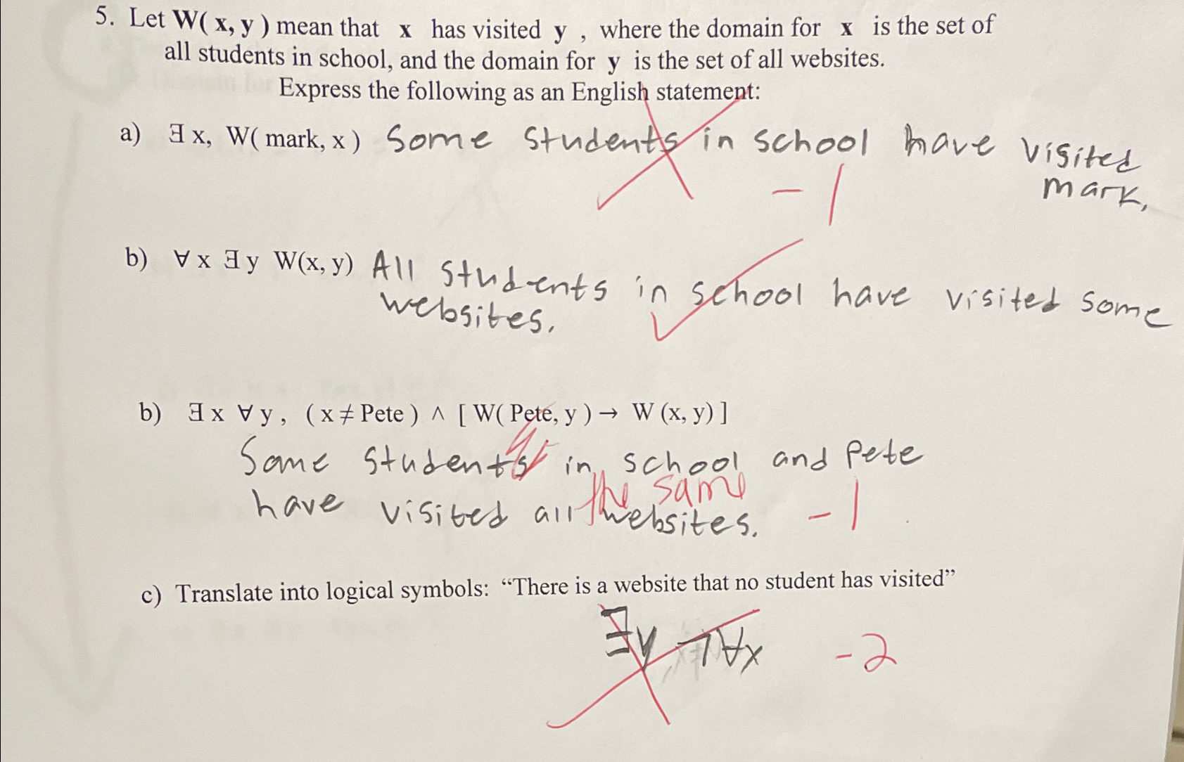 Solved Let W(x,y) ﻿mean that x ﻿has visited y, ﻿where the | Chegg.com