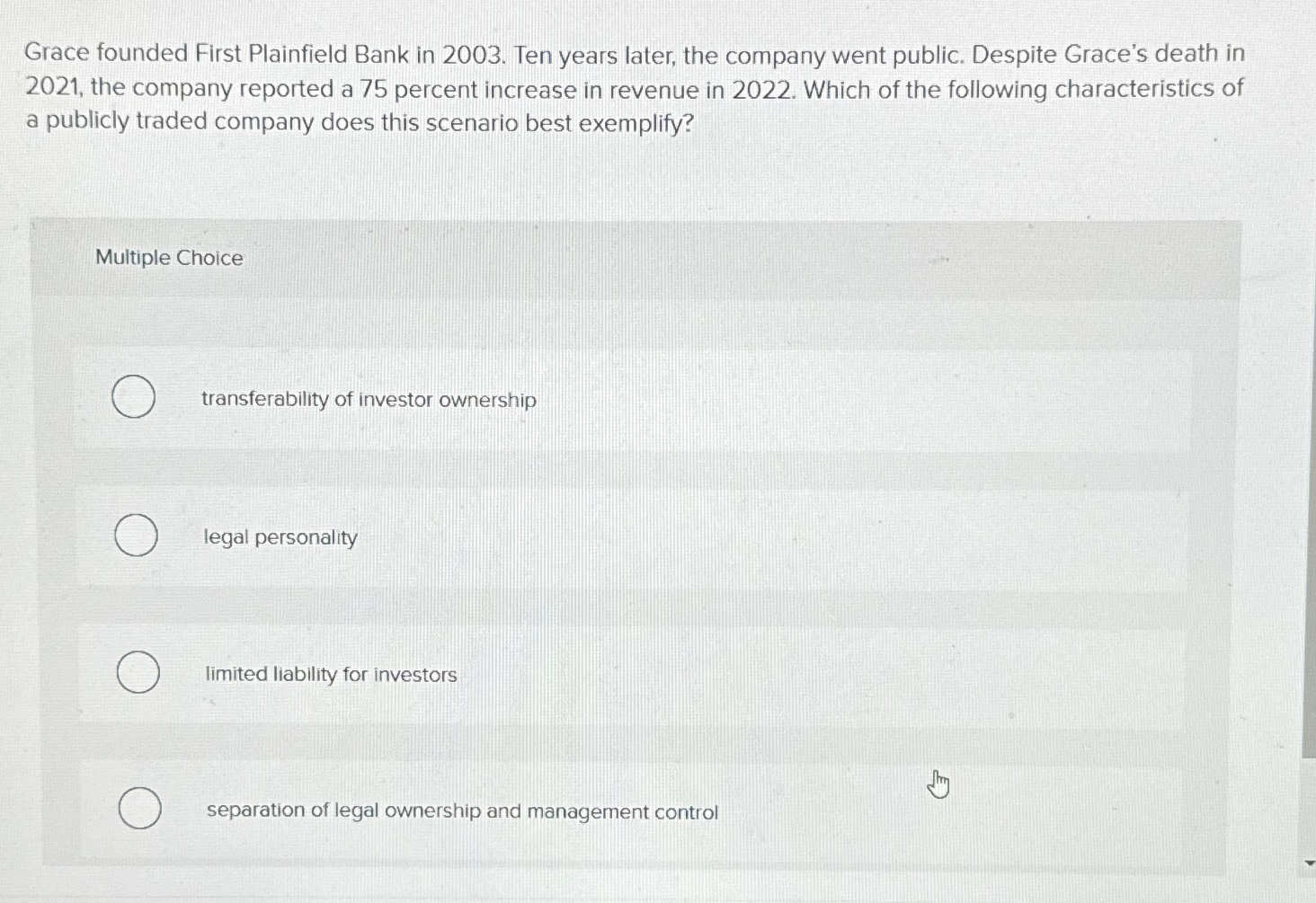 Solved Grace founded First Plainfield Bank in 2003. ﻿Ten | Chegg.com