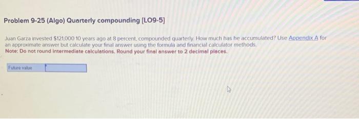 Solved Problem 9.25 (Algo) Quarterly compounding [LO9-5] | Chegg.com
