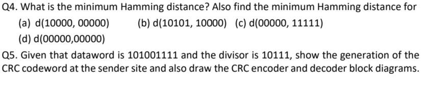 Solved Q4. What is the minimum Hamming distance? Also find | Chegg.com