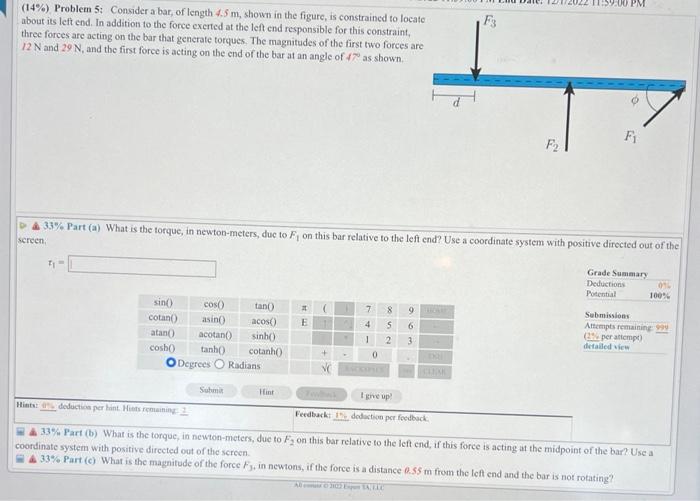 Solved (14\%) Problem 5; Consider a bar, of length 4.5 m, | Chegg.com